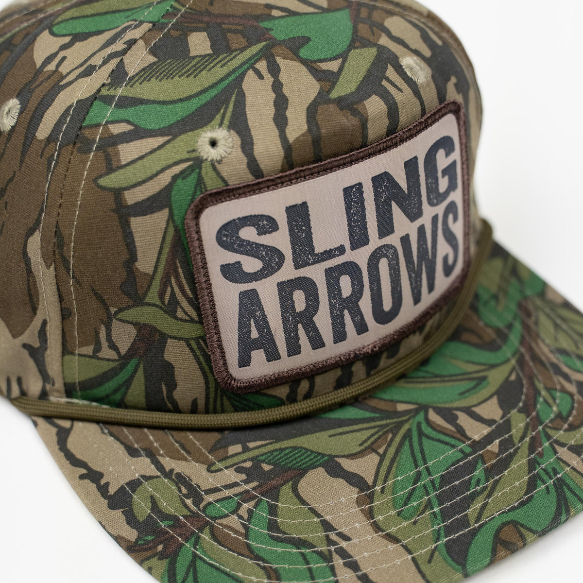 "Sling Arrows" Camo Patch Rope Hat - Bow Hunting Lifestyle Hat – Bow Crew Apparel - Bow Hunting ...